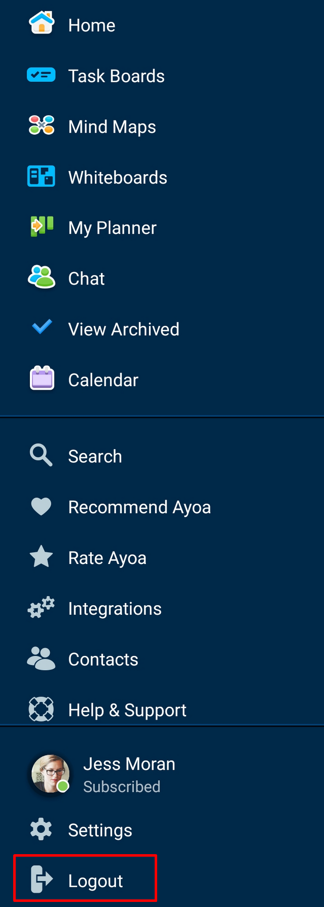 Logging out of AYOA (iOS and Android)
