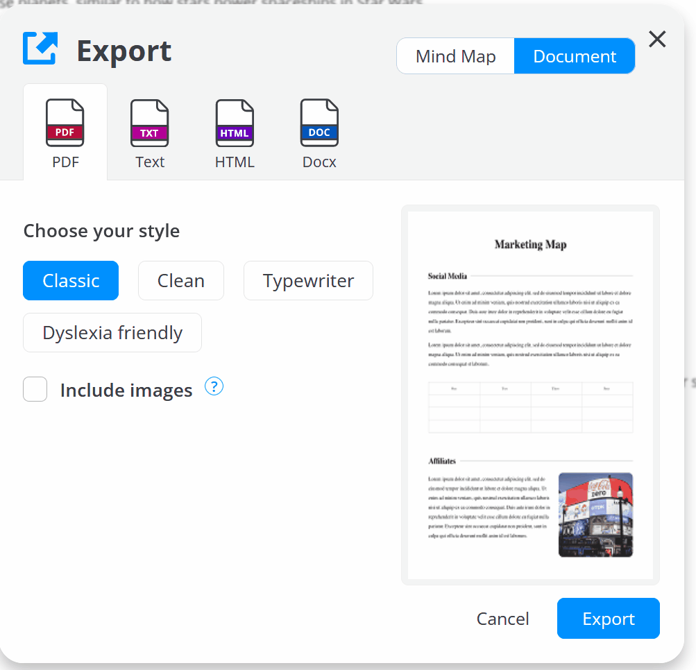 Exporting your Mind Map from a Document view