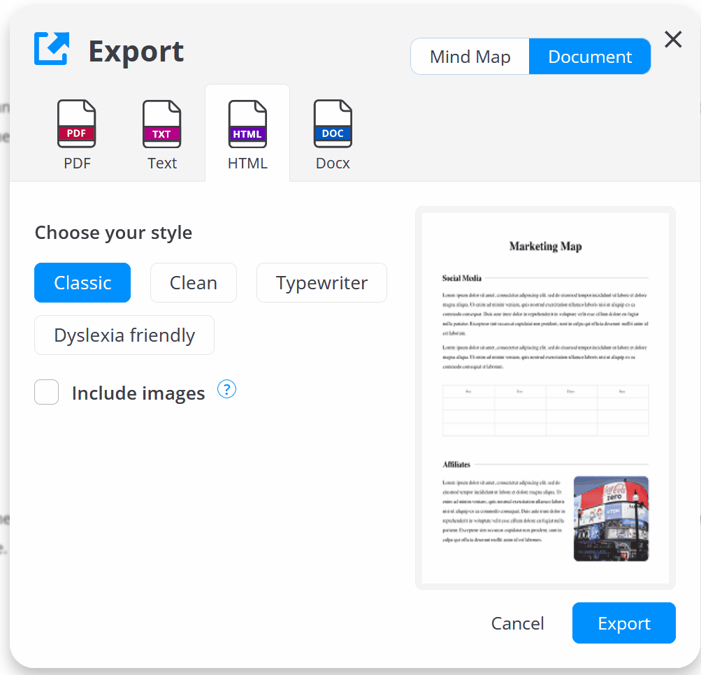 Exporting your Mind Map from a Document view